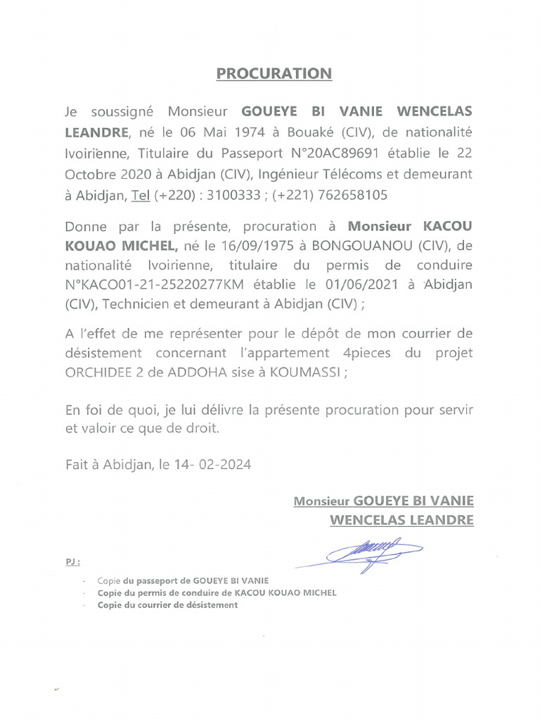 Procuration ADDOHA Kacou Michel | PDF