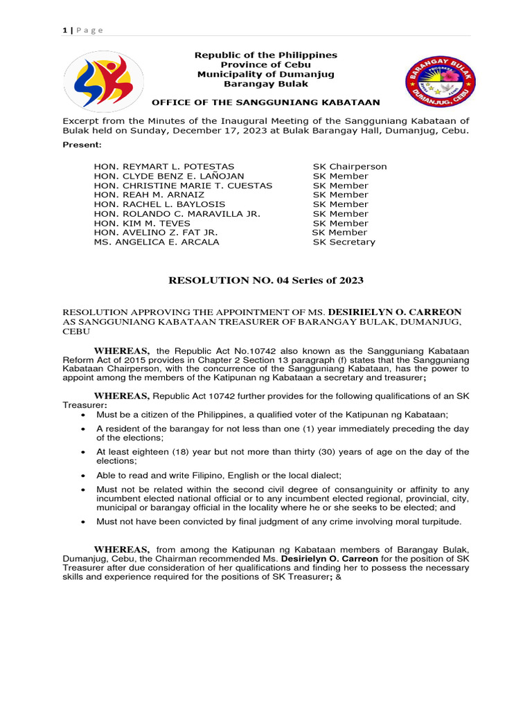 Resolution No. 4 SK Bulak | PDF | Government | Justice