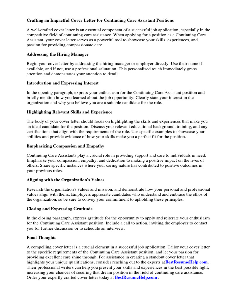 Cover Letter For Continuing Care Assistant | PDF | Caregiver | Empathy