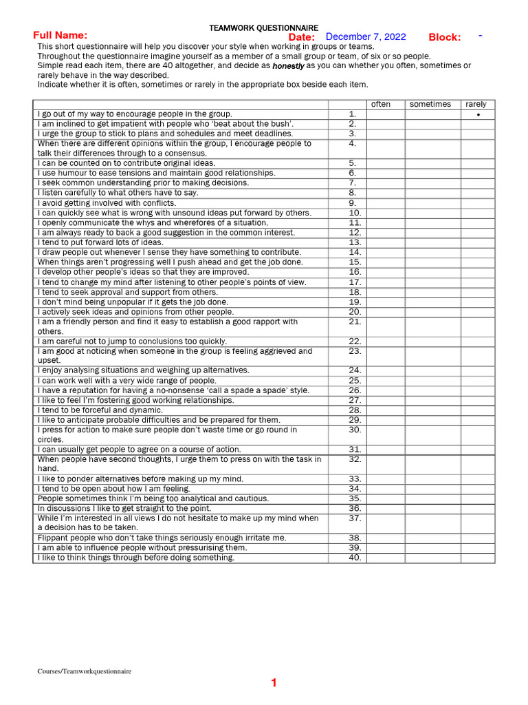 Teamwork Questionnaire Assessment | PDF | Psychology | Psychological ...