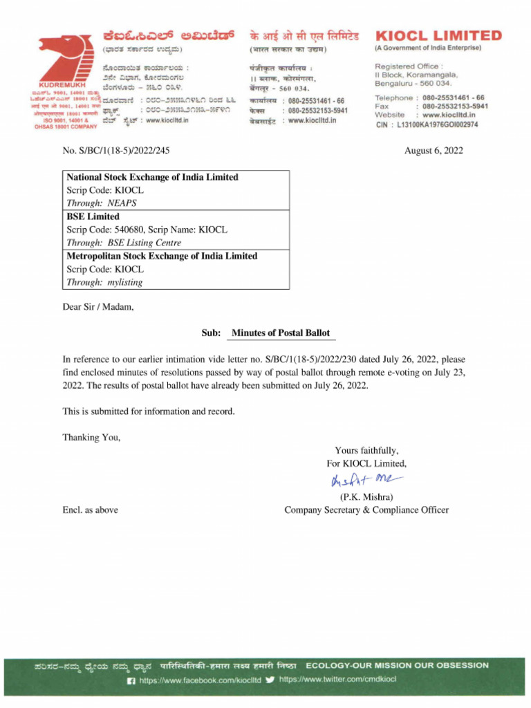 Intimation Minutes of Postal Ballot SW | PDF | Electronic Voting ...