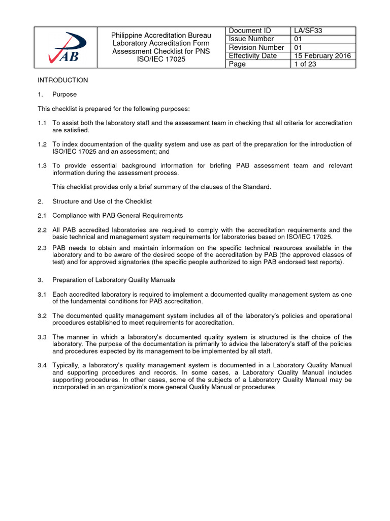 LASF33 - Assessment Checklist ISO IEC 17025 Rev. 01 | PDF | Calibration ...