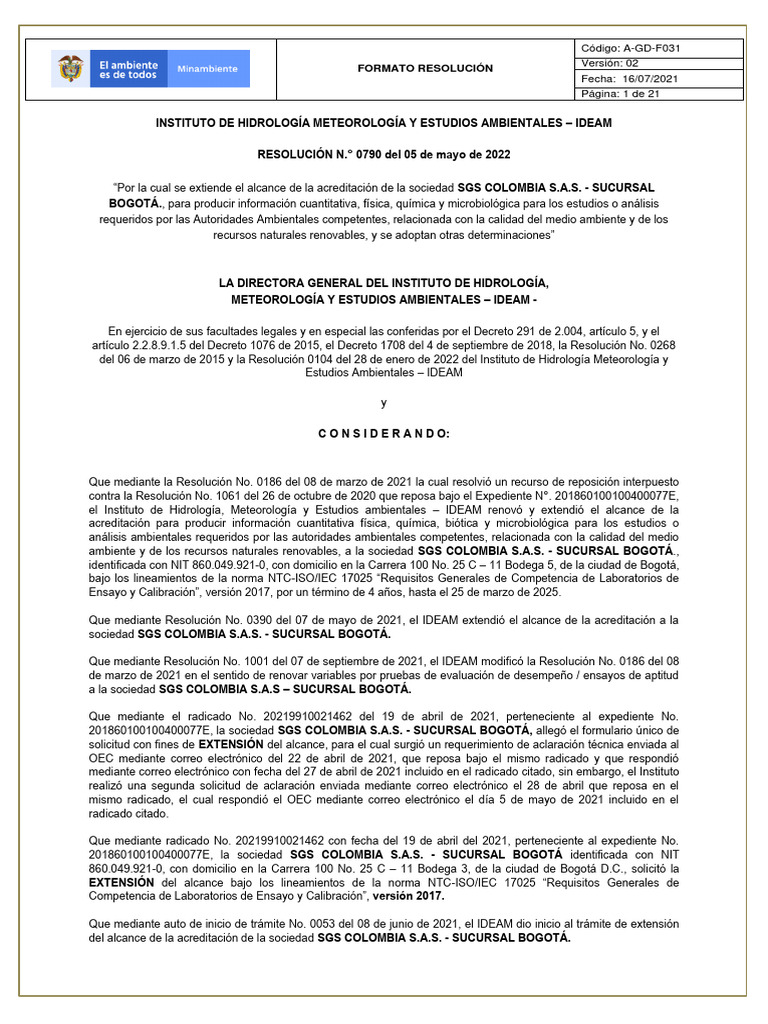 Resolución 0790 de 2022 - SGS Colombia | PDF | Entorno natural | Partículas Resolución 0790 de 2022 - SGS Colombia | PDF | Entorno natural | Partículas