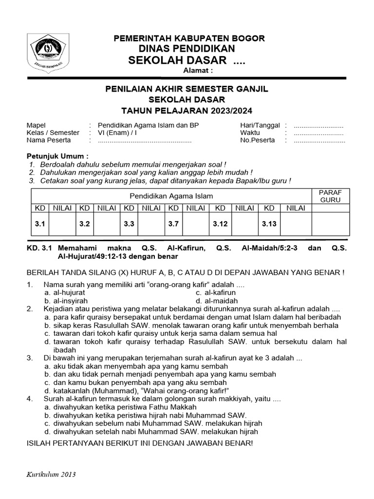 Kunci Jawaban PAS PAI Dan BP Kelas 6 | PDF