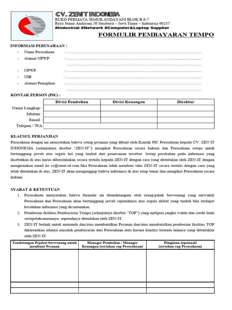 Form Pengajuan Pembayaran Tempo (TOP) | PDF