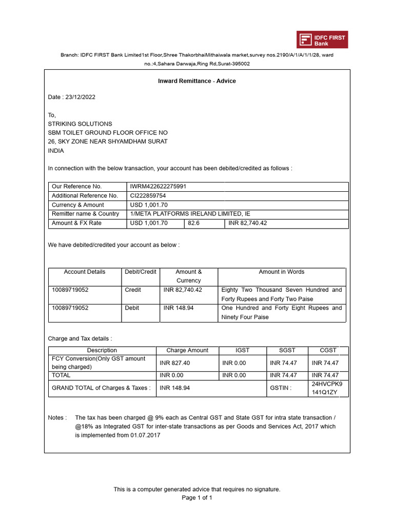 Inward Remittance - Advice | PDF | Trade | Money