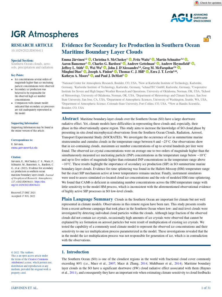 JGR Atmospheres - 2022 - J Rvinen - Evidence For Secondary Ice ...