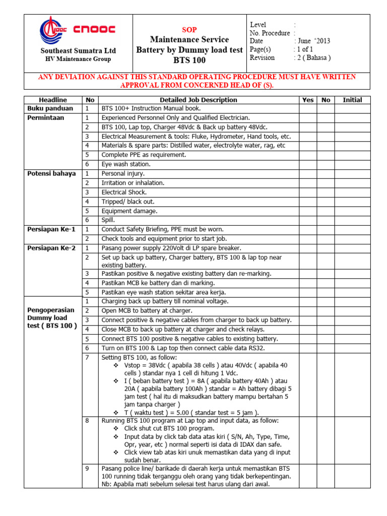 Dummy Load Testing SOP for BTS 100 | PDF | Battery Charger | Galvanic Cells