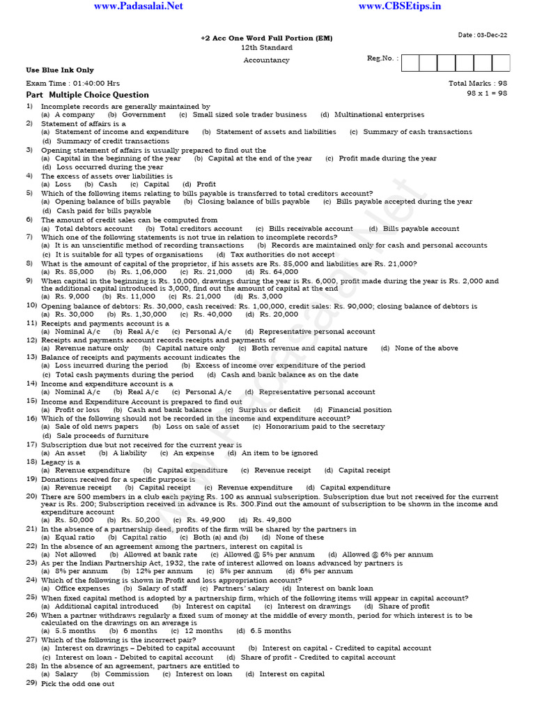 12th Accountancy One Mark Questions PDF | PDF | Expense | Revenue