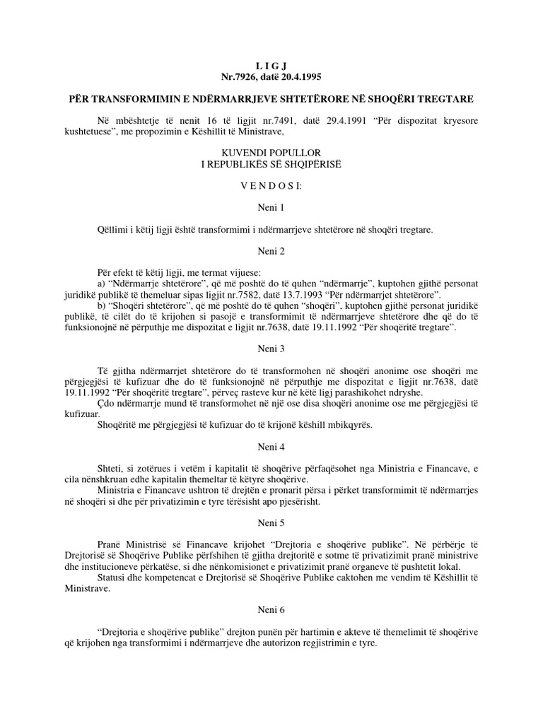 Ligj 1995 04 20 7926 | PDF