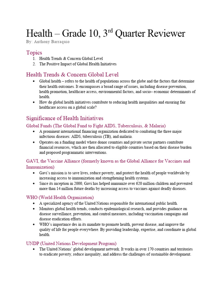Grade 10 Health: 3rd Quarter Review | PDF | Global Health | Child Mortality
