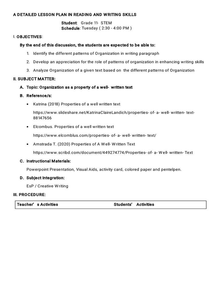 Grade 11 Reading and Writing Lesson Plan | PDF