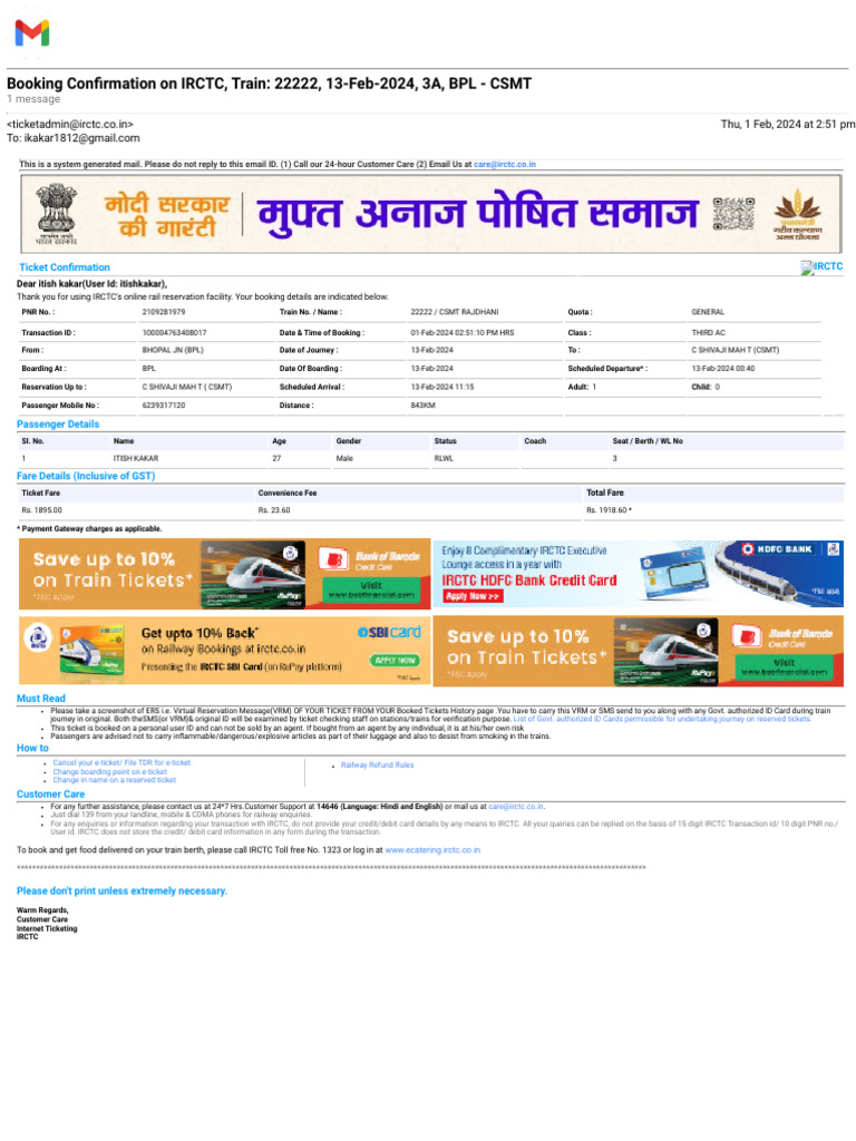 Gmail - Booking Confirmation On IRCTC, Train - 22222, 13-Feb-2024, 3A ...