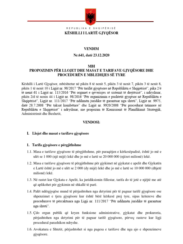 Vendim NR.641 Datë 23.12.2020 Mbi Propozimin Për Llojet Dhe Masat e ...