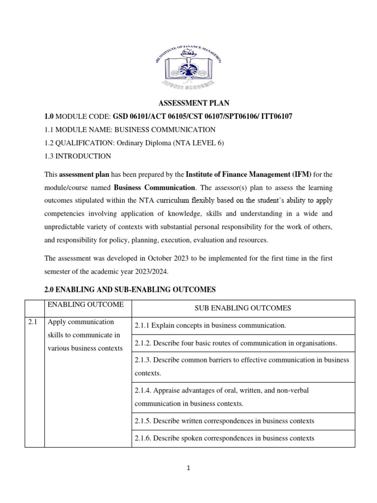 Assessment Plan GSD 06101 2023 - 2024 | PDF | Communication | Nonverbal Communication