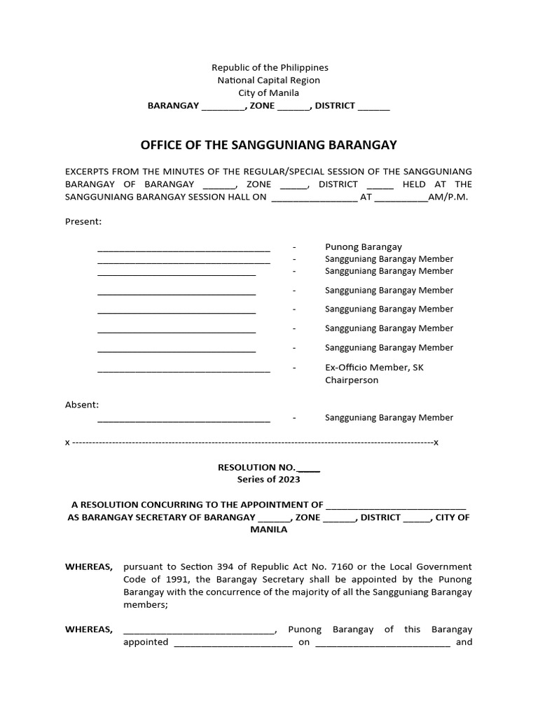 Sample Resolution Concurring Appointment of Barangay Secretary | PDF ...