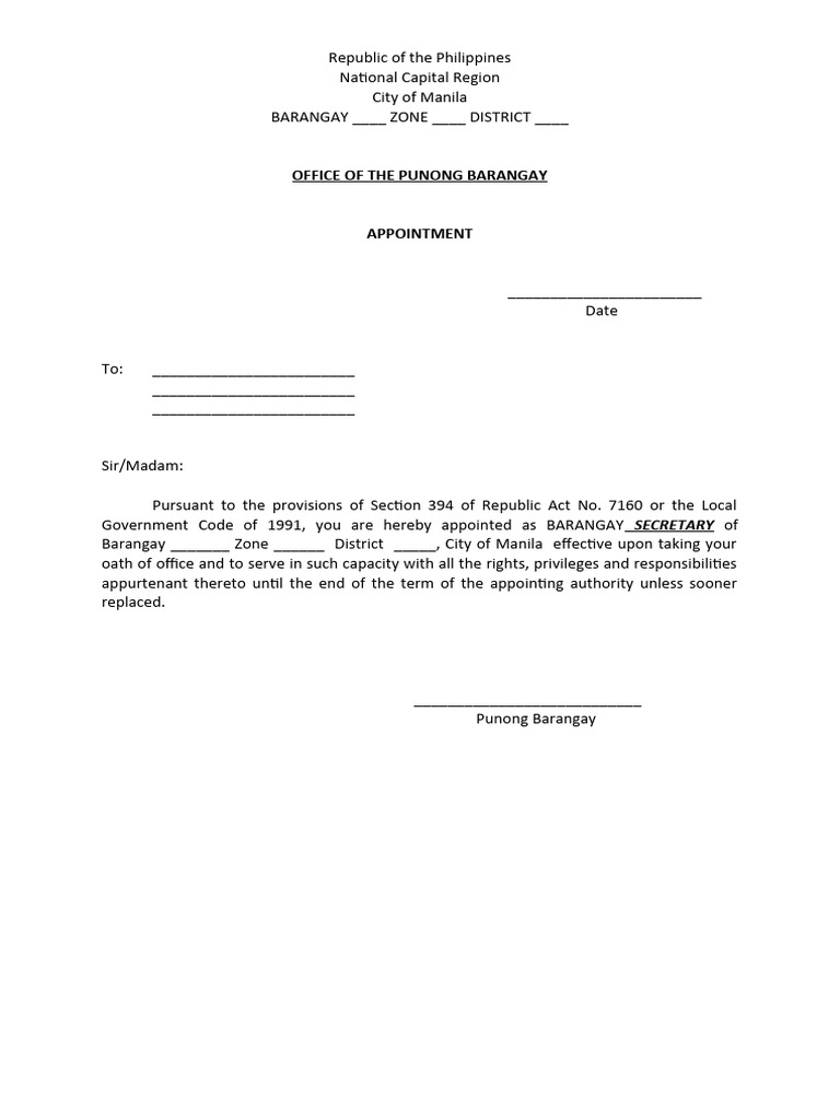 Sample Appointment For Barangay Secretary | PDF