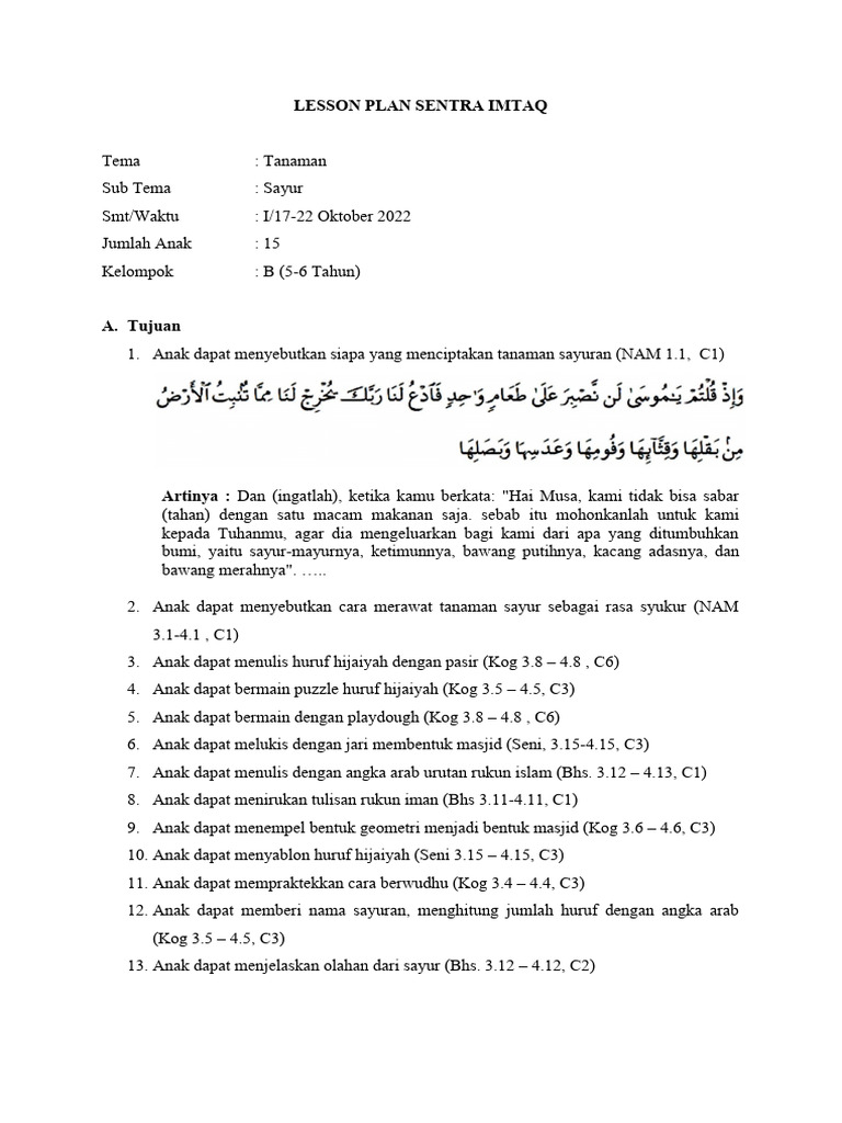 Rencana Pembelajaran Tema Sayuran TK | PDF
