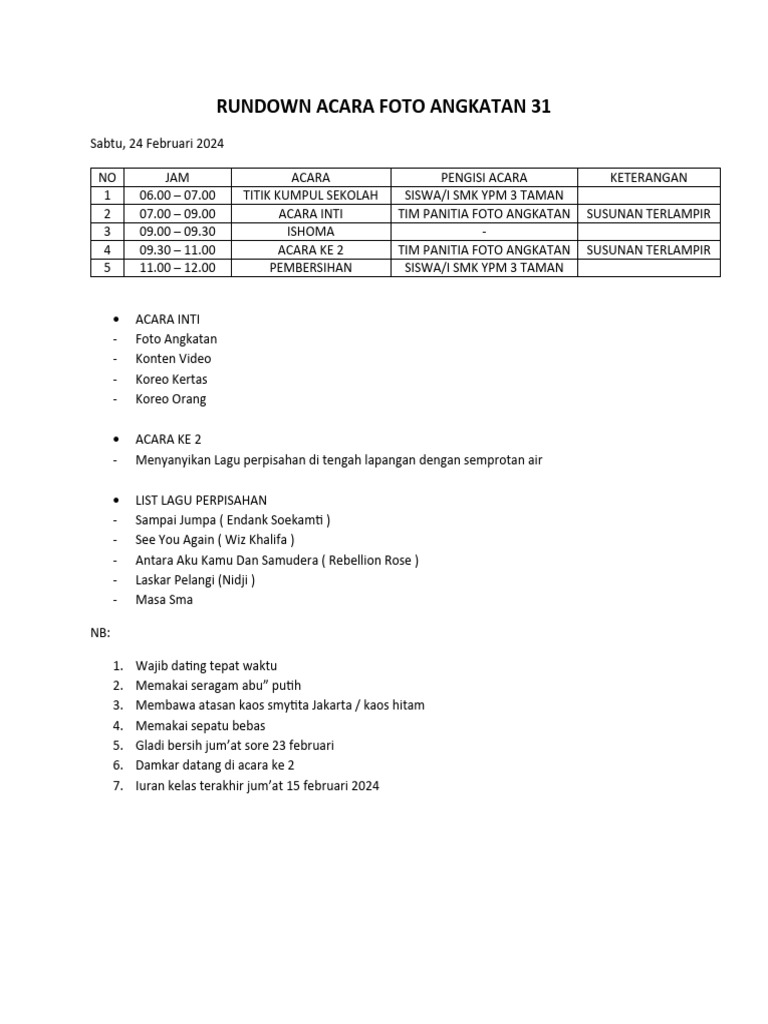 Rundown Acara Foto Angkatan 31 | PDF