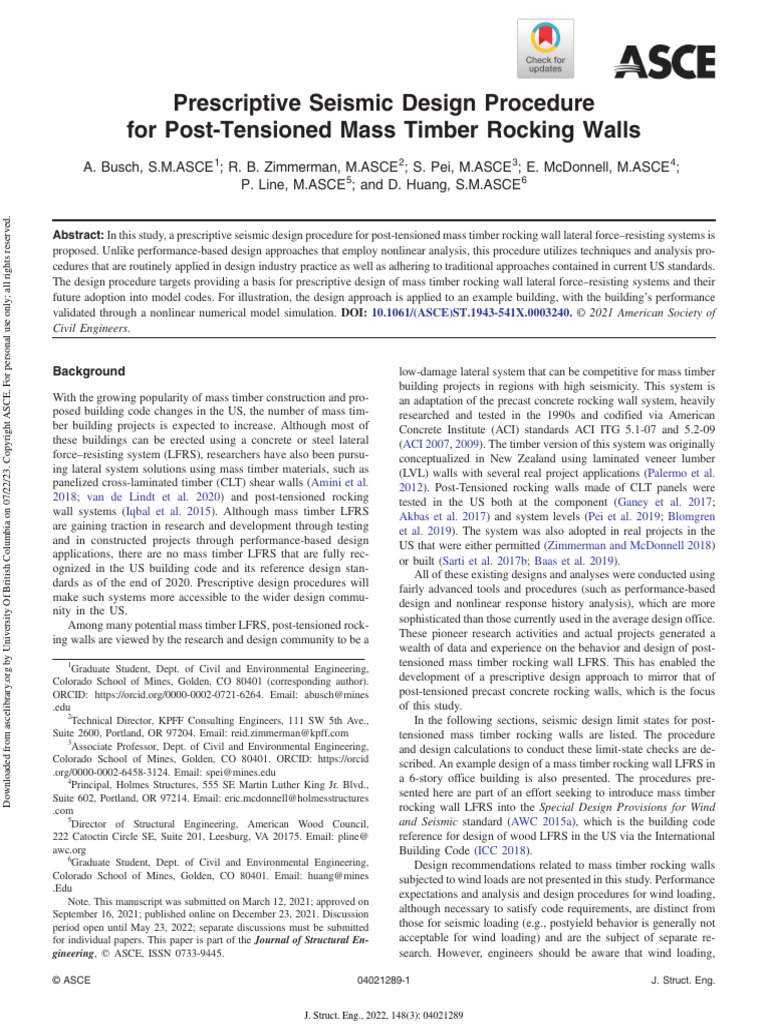 Prescriptive Seismic Design Procedure For Post-Tensioned Mass Timber ...