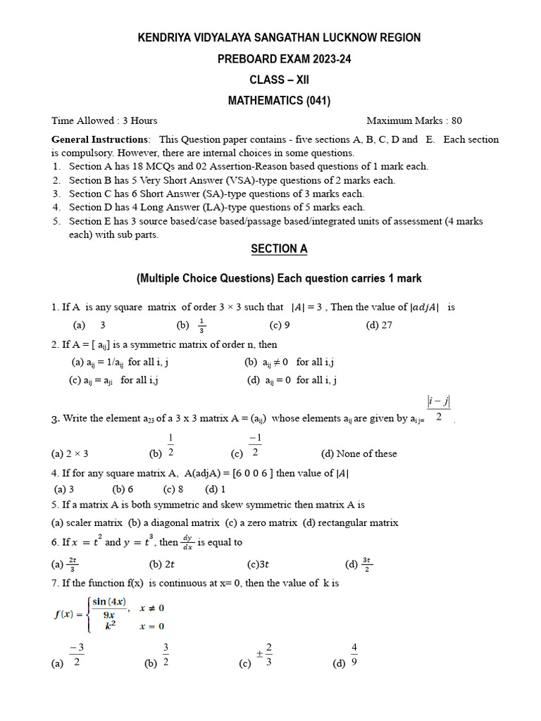 KVS Lucknow XII MATH QP & MS Pre-Board (23-24) | PDF | Mathematics | Mathematical Objects