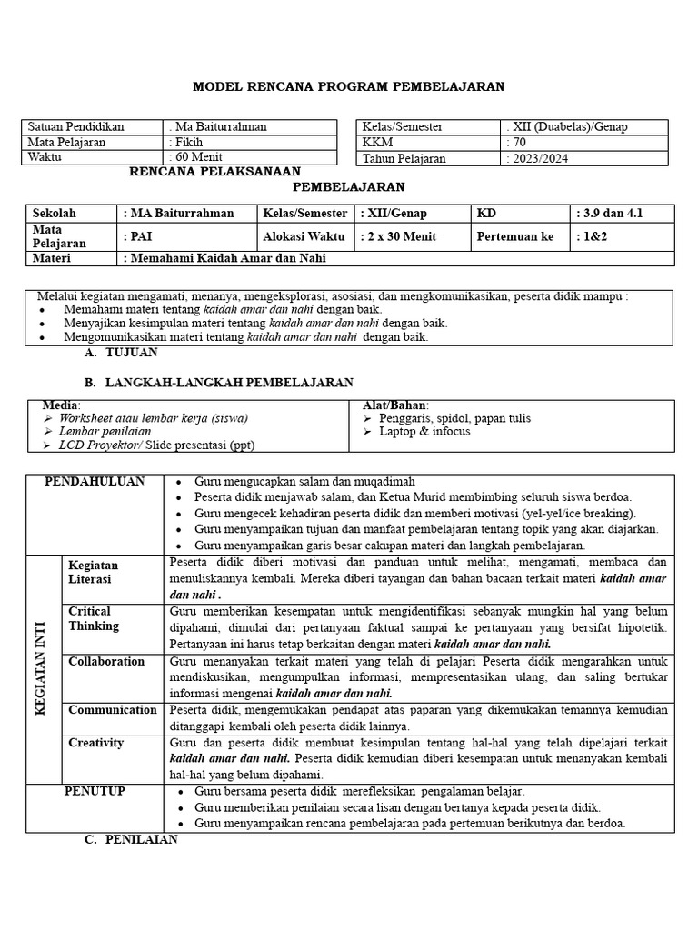RPP - Model Rencana Program Pembelajaran - Sahril | PDF