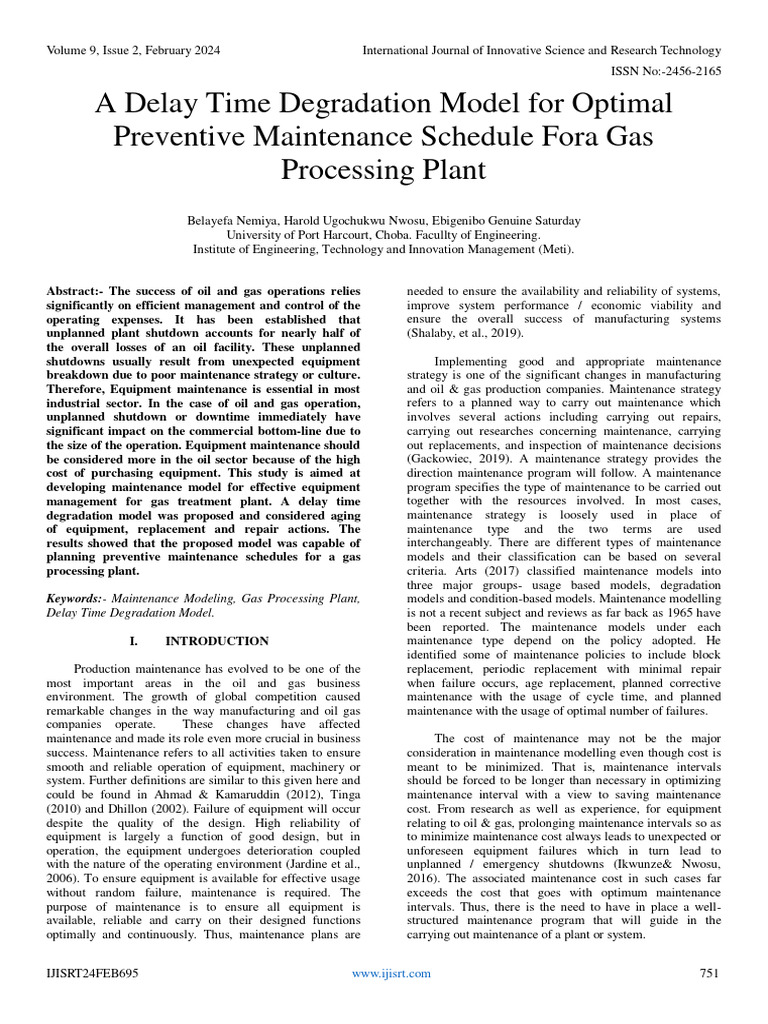 A Delay Time Degradation Model For Optimal Preventive Maintenance ...