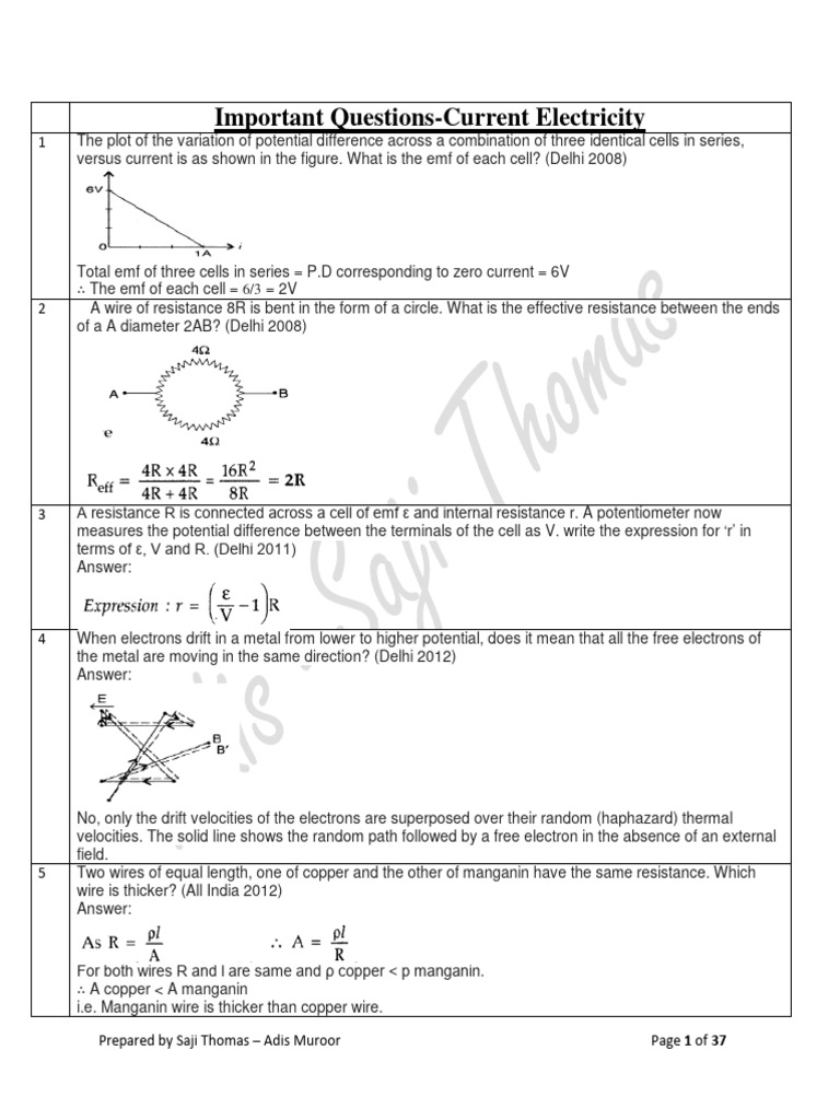 Important Questions on Current Electricity | PDF | Voltage | Metrology