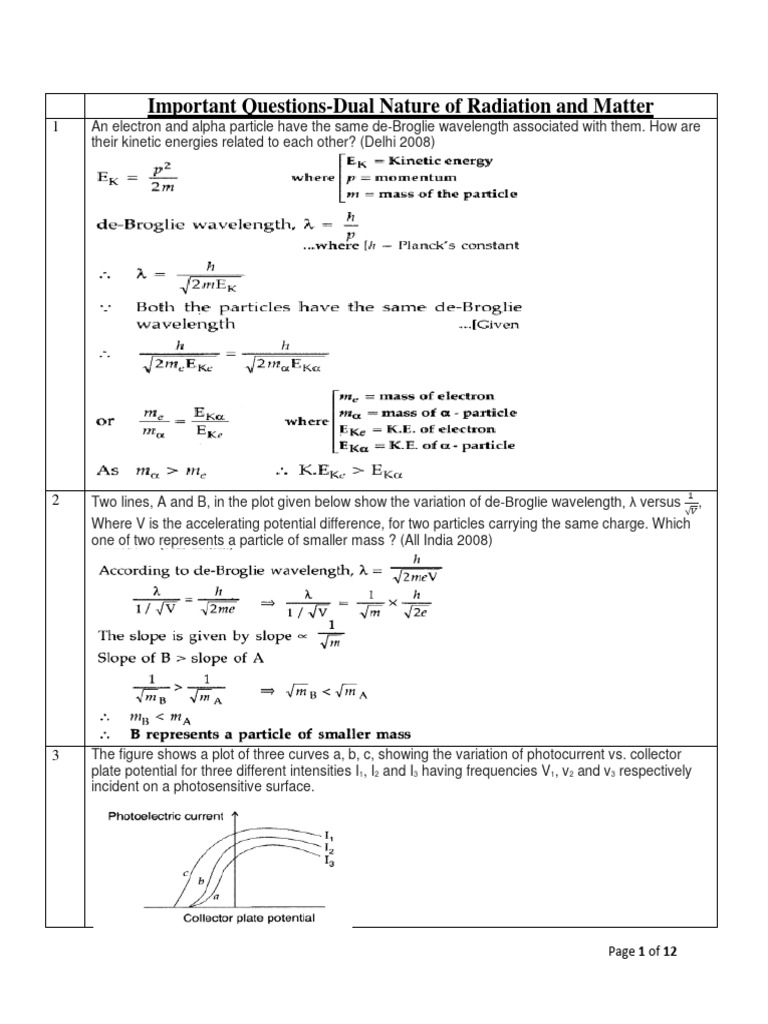 Important Questions on Radiation and Matter | PDF | Photoelectric ...