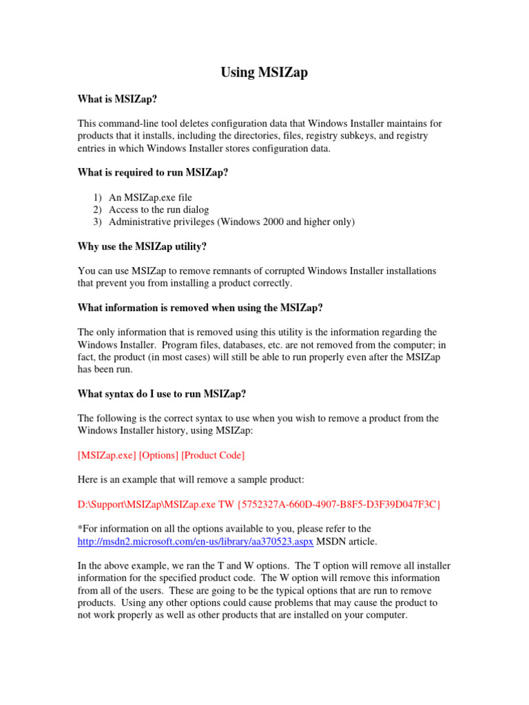 Using MsiZap | PDF | Windows Registry | Software Engineering