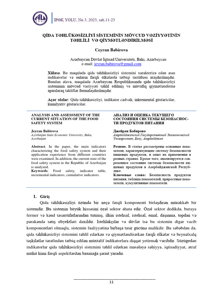 Qida Təhlükəsizliyi Sisteminin Mövcud Vəziyyətinin Təhlili VƏ Qiymətləndirilməsi Ceyran Bəbirova ...