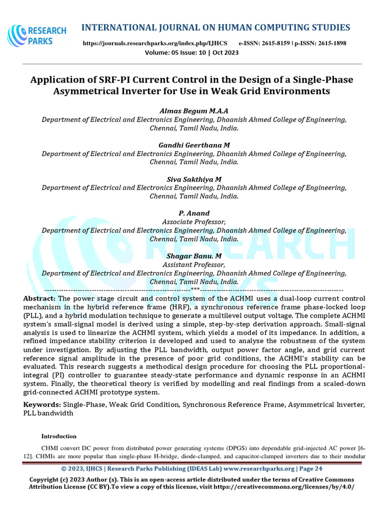 Application of SRF-PI Current Control in the Design of a Single-Phase Asymmetrical Inverter for ...
