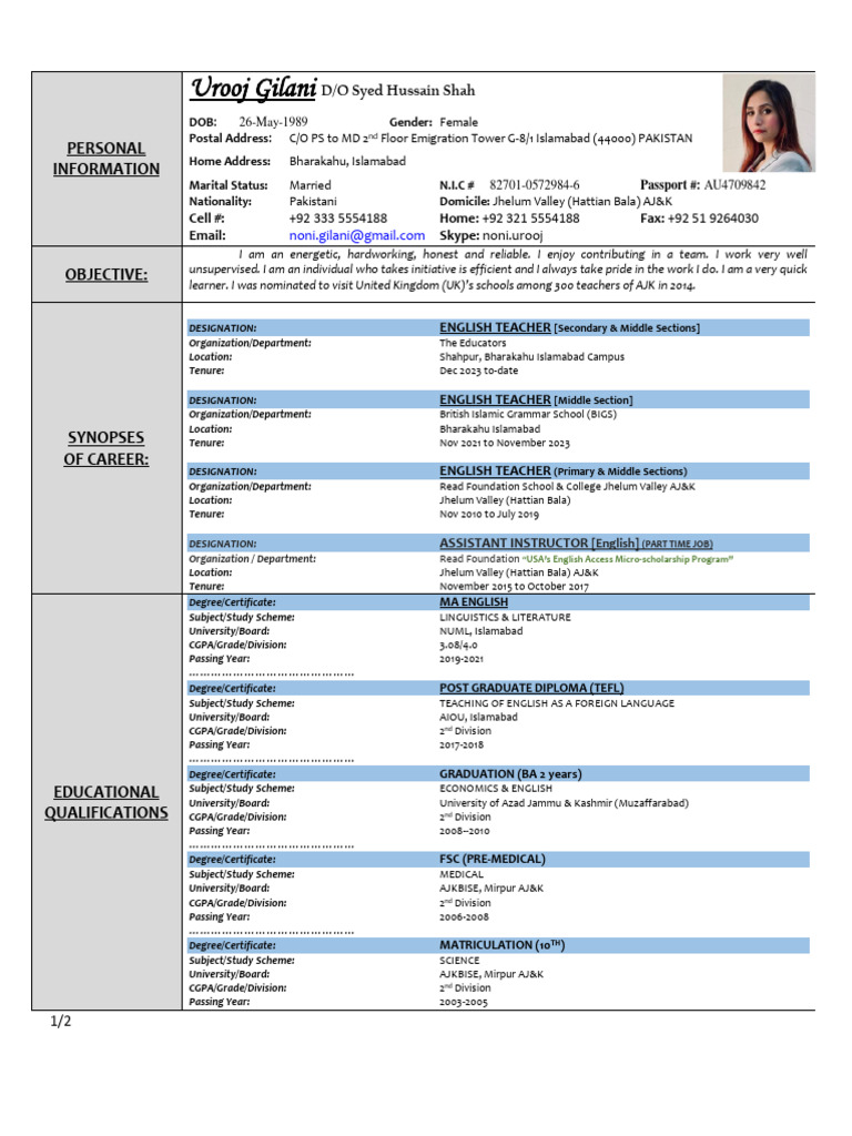 CV (Urooj Gilani) | PDF | Academic Degree | Educational Stages
