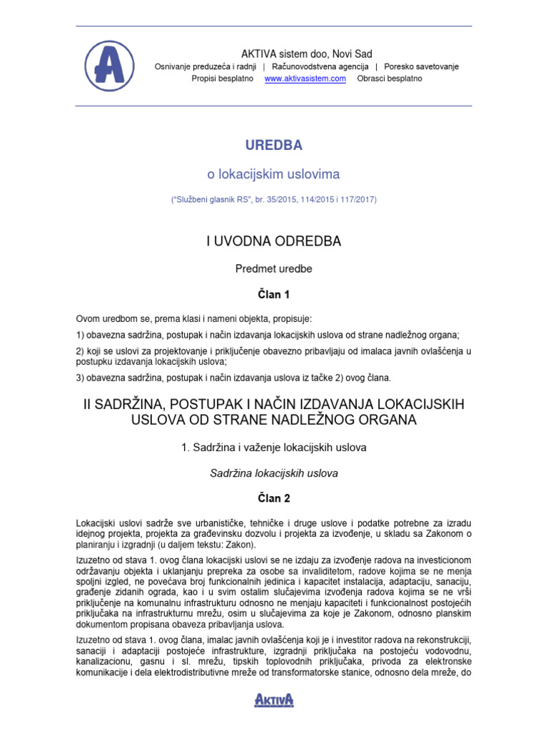 Uredba O Lokacijskim Uslovima | PDF