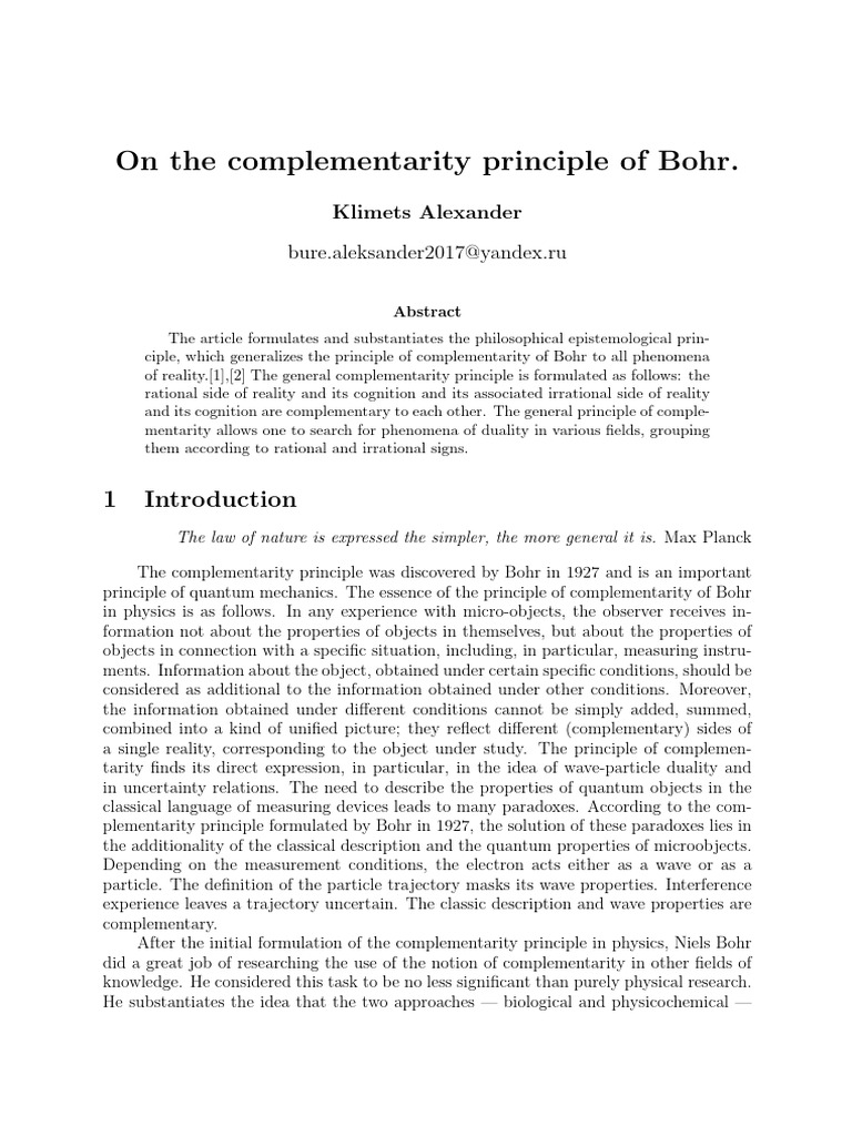 Klimets Alexander - On The Complementarity Principle of Bohr | PDF | Quantum Mechanics | Waves