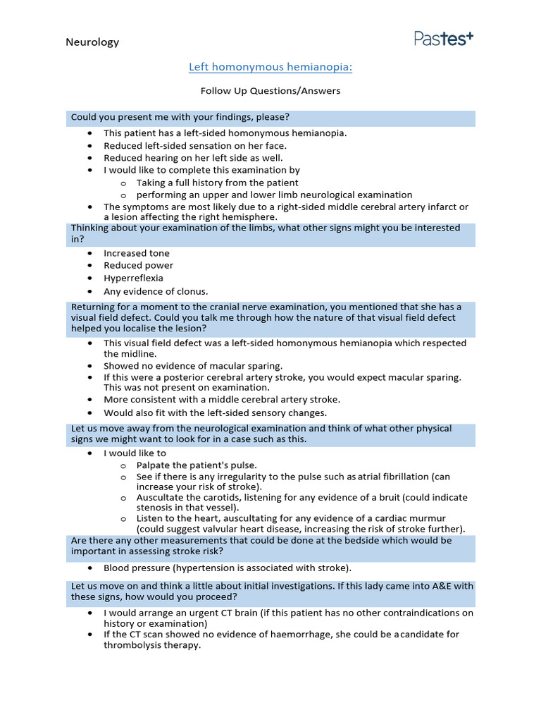 Neurology: Left Homonymous Hemianopia | PDF | Stroke | Heart