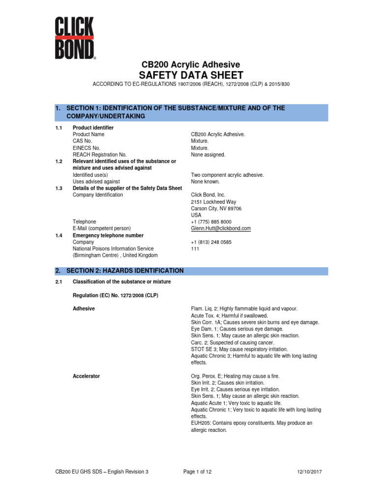 Click Bond CB 200-40 | Download Free PDF | Chemical Substances | Safety