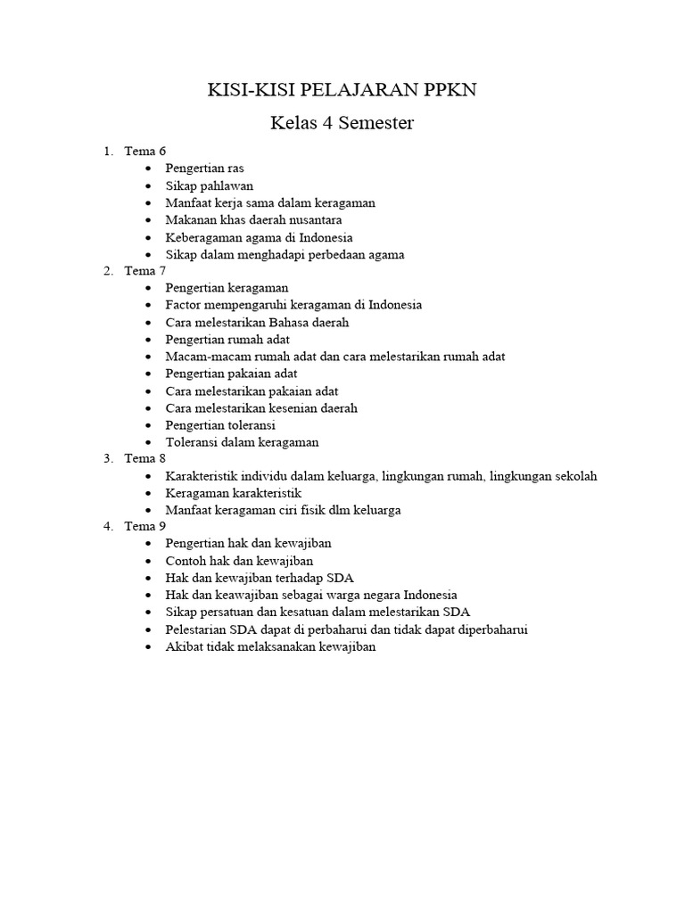 KISI-KISI Semester 2 PPKN Kelas 4 | PDF