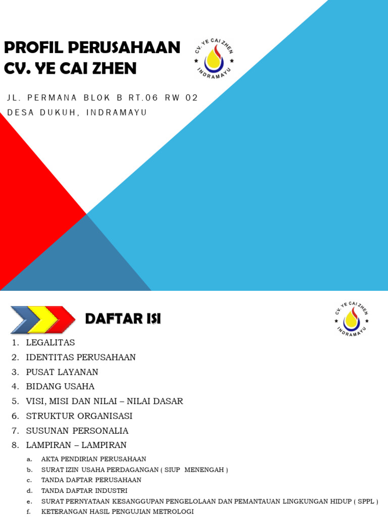 Profil Perusahaan Cv. Ye Cai Zhen: Jl. Permana Blok B Rt.06 RW 02 Desa Dukuh, Indramayu | PDF
