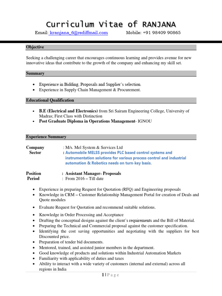 CV of Ranjana | PDF | Procurement | Supply Chain