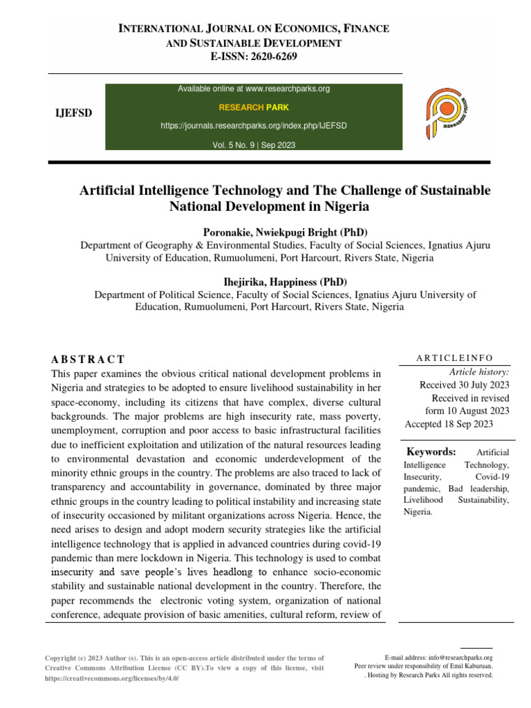 Artificial Intelligence Technology and The Challenge of Sustainable National Development in ...