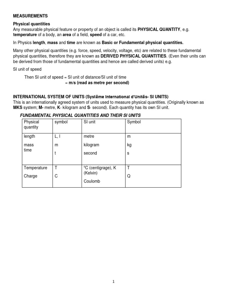 Notes On Measurements1 | PDF | International System Of Units | Kilogram