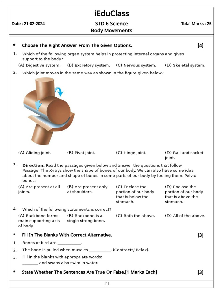 Body Movements Class 6 Sci | PDF | Shoulder | Arm