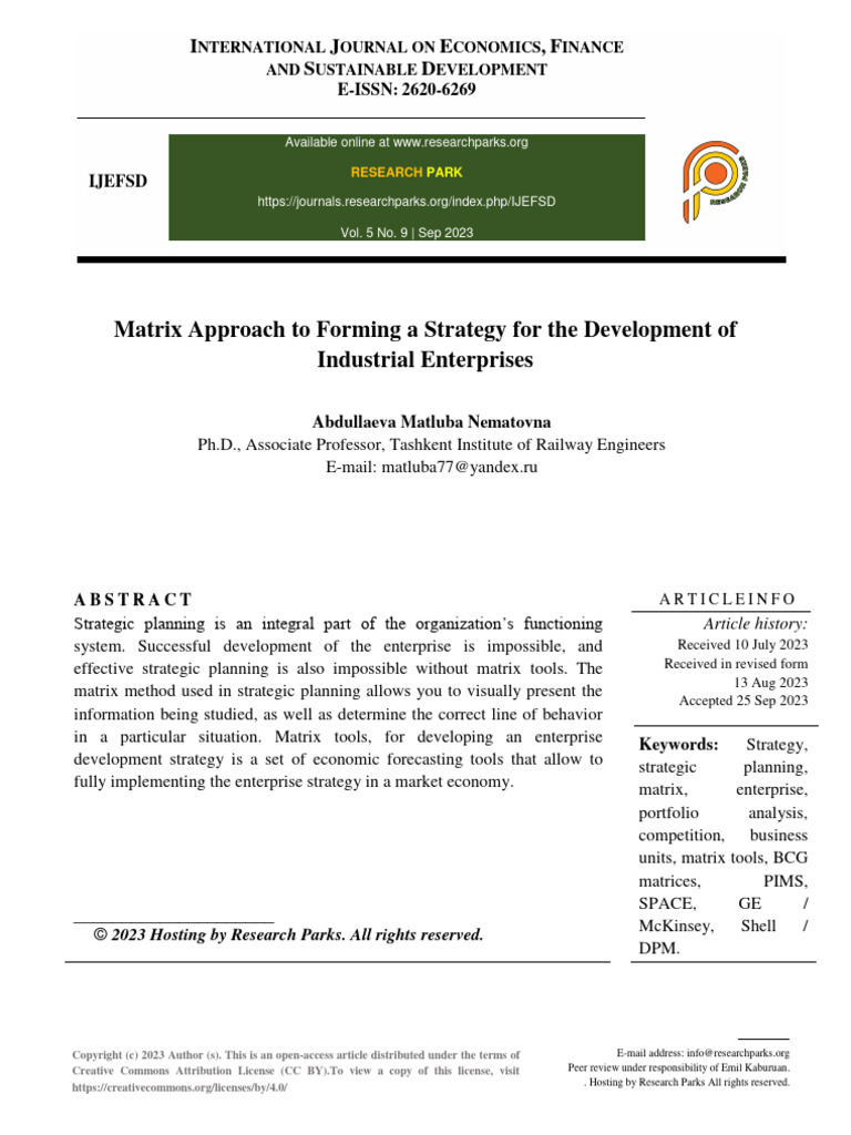 Matrix Approach To Forming A Strategy For The Development of Industrial ...