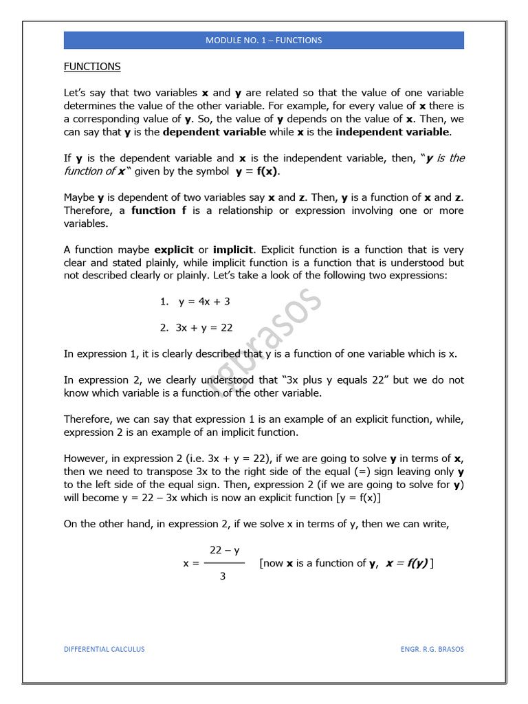 Engineering Calculus 1 Module 1 Functions | PDF | Variable (Mathematics) | Function (Mathematics)