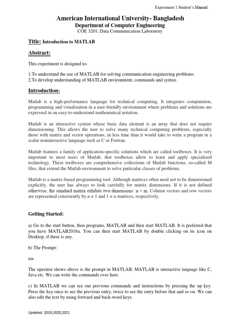 Data Comm EXP 1 Student Manual | PDF | Matrix (Mathematics) | Matlab