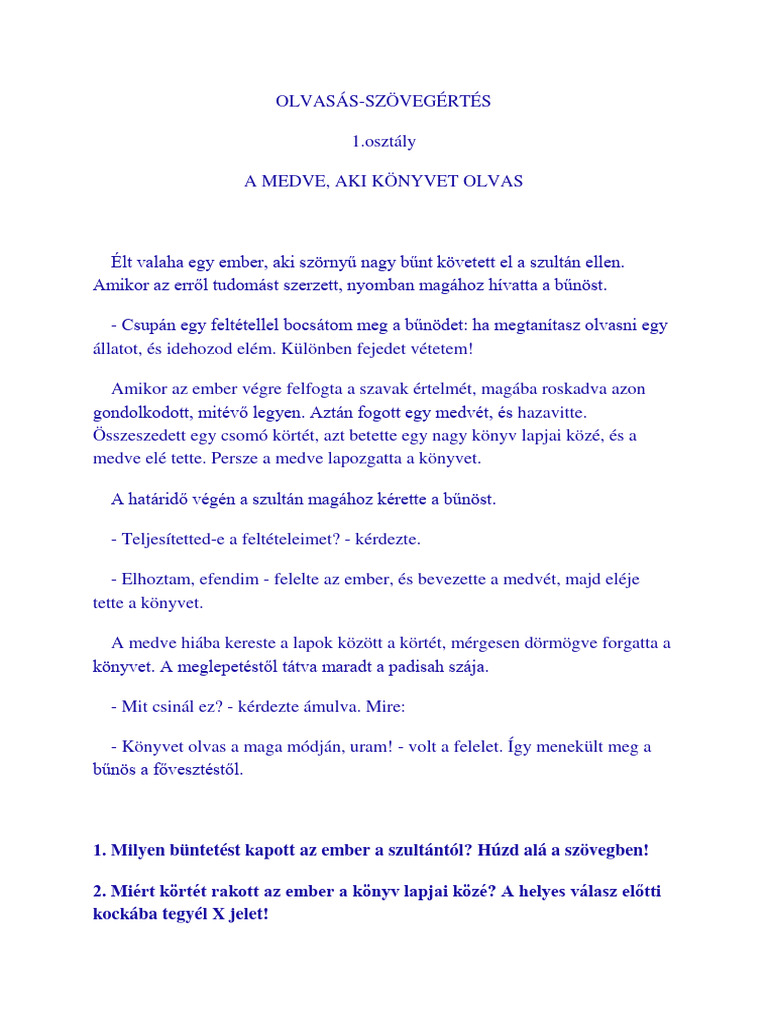 Szövegértés Medve | PDF