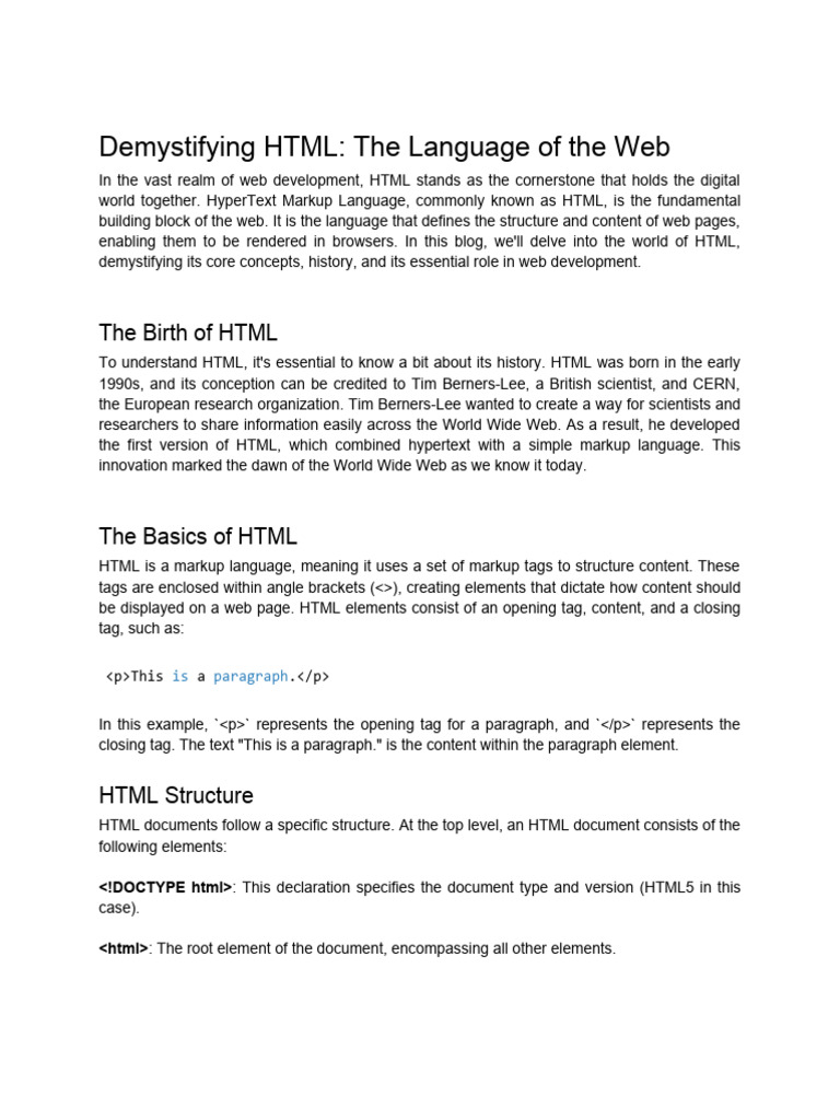 Demystifying HTML - The Language of The Web | PDF | Html | World Wide Web