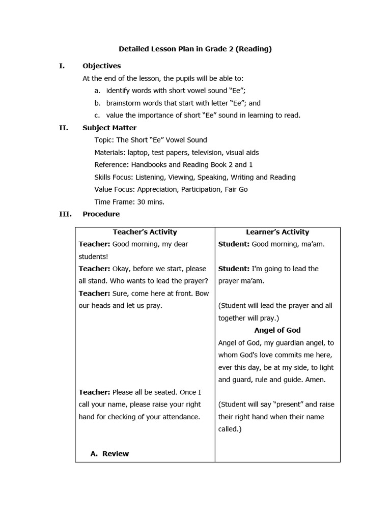 Detailed Lesson Plan in English | Download Free PDF | Lesson Plan | Prayer