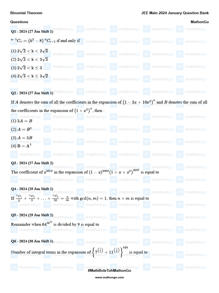 Binomial Theorem - JEE Main 2024 January Question Bank - MathonGo | PDF | Mathematics ...
